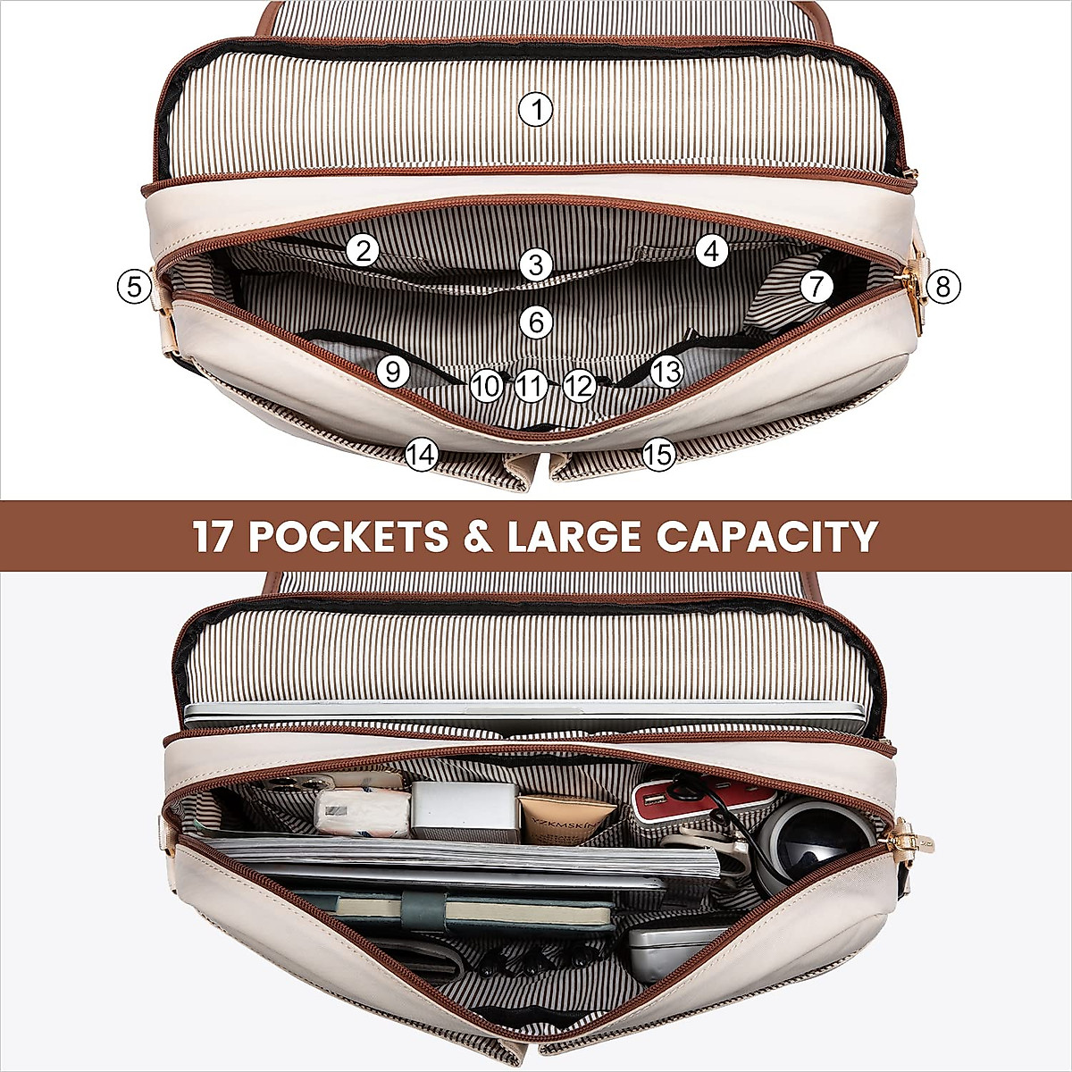 LOVEVOOK Laptop Bag for Women, 15.6 inch Large Capacity Computer Briefcase Case, Crossbody Messenger Bag, Office Business Work Bags Purse for Travel Gifts, Brown-beige