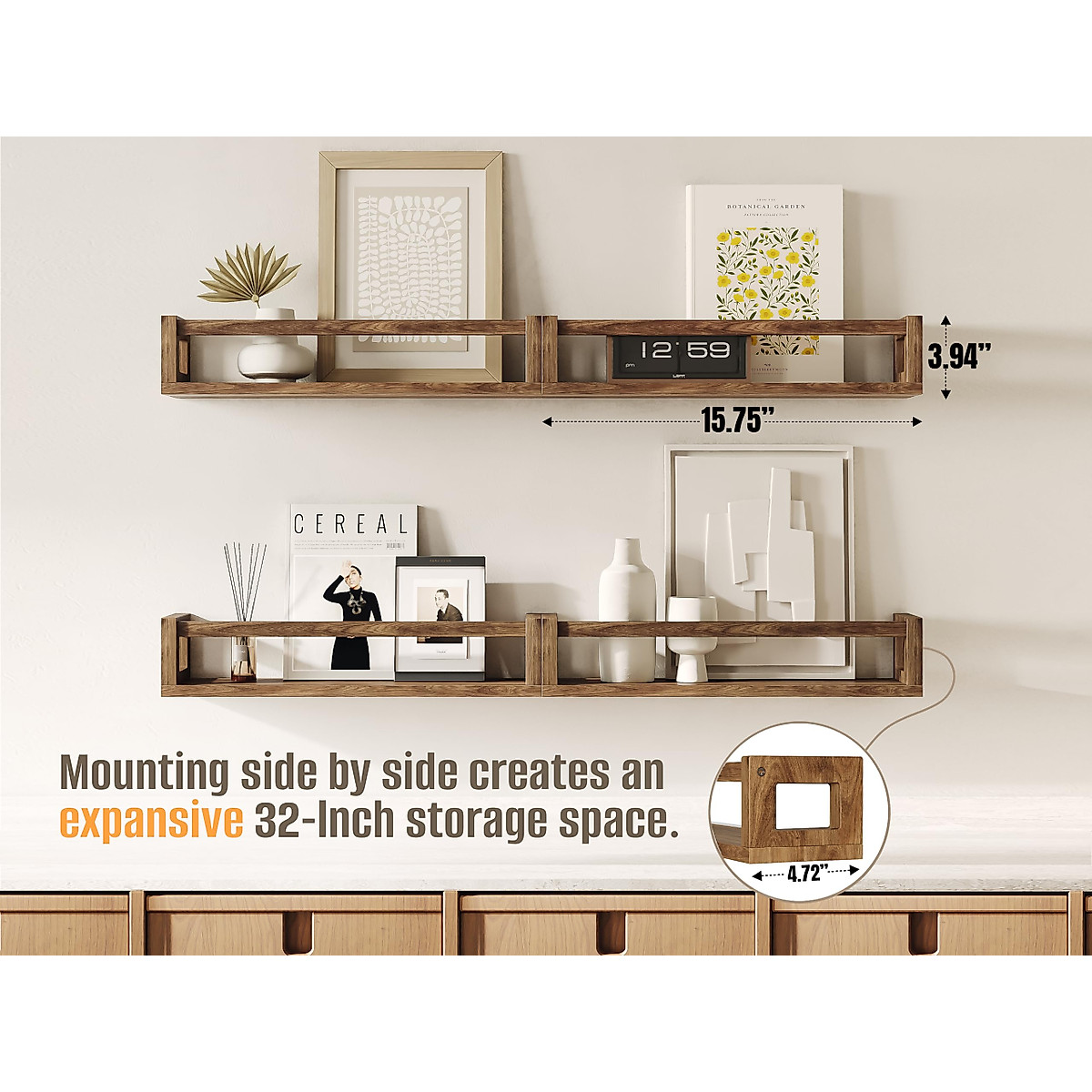 TidyCorner Upgraded Thick Floating Shelves - Multi-Use Wall-Mounted Bookshelves for Kids and Nursery, Ideal for Books, Toys, Spice Rack, Decor - Walnut Brown