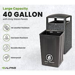 Alpine Indoor & Outdoor Commercial Trash Can with Lid - 40 Gallon Heavy Duty Metal Garbage Can with Removable Bin, Locking Lid for a Modern Look in Patio, Pool, Deck, Office Black, Grey Stone Panels