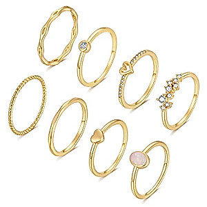 RLMOON 8PCS 14K Gold Plated Stacking Ring Set for Women Teen Danity Thumb Stackable Rings Gold Heart CZ Promise Eternity Rings Plain Band Size 4