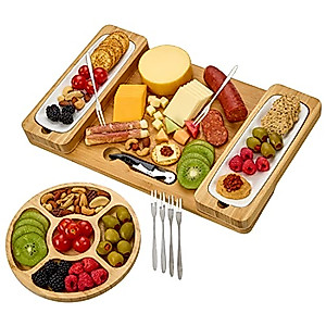 Bamboo Cheese Board Set - Charcuterie Boards Serving Platter - Magnetic Removable Side Boards - Gift for Housewarming, Anniversary, and Birthdays - Total of 3 Boards, 1 Round Tray, Wine Opener + Forks