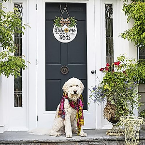 Interchangeable Wooden Seasonal Welcome Sign, Rustic Round Dogs Sign Front Door Wreaths for Home/Wall/Porch/Farmhouse Decor, for Easter Spring Summer Fall Halloween Christmas All Season Decorations