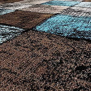 Modern Area Rug for Living Room Abstract in Brown Cream Blue Checkered, Size: 3'11" x 5'7"