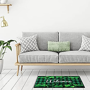 Timtin St. Patrick's Day Doormat Lucky Green Shamrocks St. Patrick's Day Doormat Irish Plaid Welcome Mat Non Slip Rubber Area Rugs for Bathroom Entrance Front Door Indoor Outdoor 15.7 x 23.6 Inch