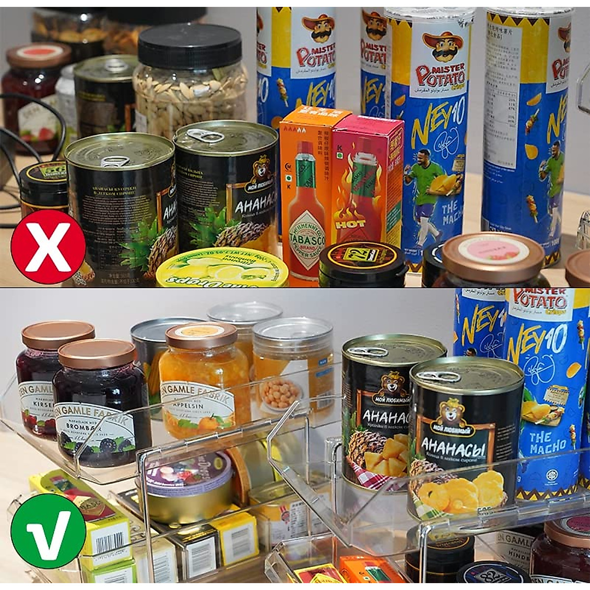 Hourleey 2 Tier Household Organizer with Dividers, Double Layer Multi-Purpose Slide-Out Bathroom Vanity Countertop Closet Organization, Refrigerator Organizers and Storage, For Kitchen Pantry Cabinet