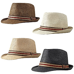 Gionforsy 4 Pack Mens Fedora Hat Classic 1920s Hat Short Brim Fedora Hats Summer Beach Panama Hat for Men Women (Style 3 with Red Stripe Brim, Dark Color)