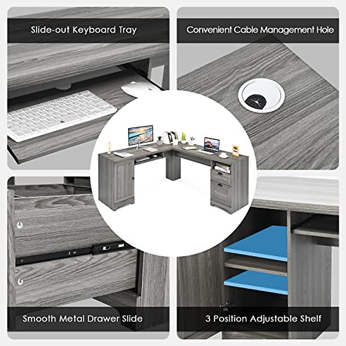 Tangkula 66" × 66" L-Shaped Desk, Corner Computer Desk with Drawers Keyboard Tray and Storage Cabinet, Home Office Desk, Sturdy and Space-Saving Computer Workstation