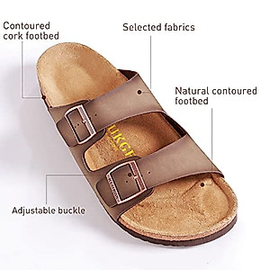 KLUKGE Mens Cork Sandals,Adjustable Buckle Leather Non-Slip Slippers Women's Flat Slide Cork Footbed Sandals Unisex Shoes, Arch Support(Light Brown US 14)