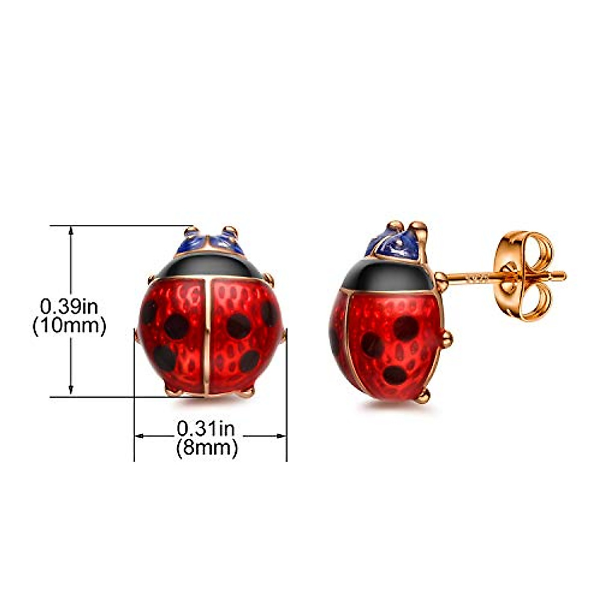Stud Earrings, Red Ladybug Black Spots 18K Gold Plated 925 Sterling Silver Post Stud Earrings for Women and Girl