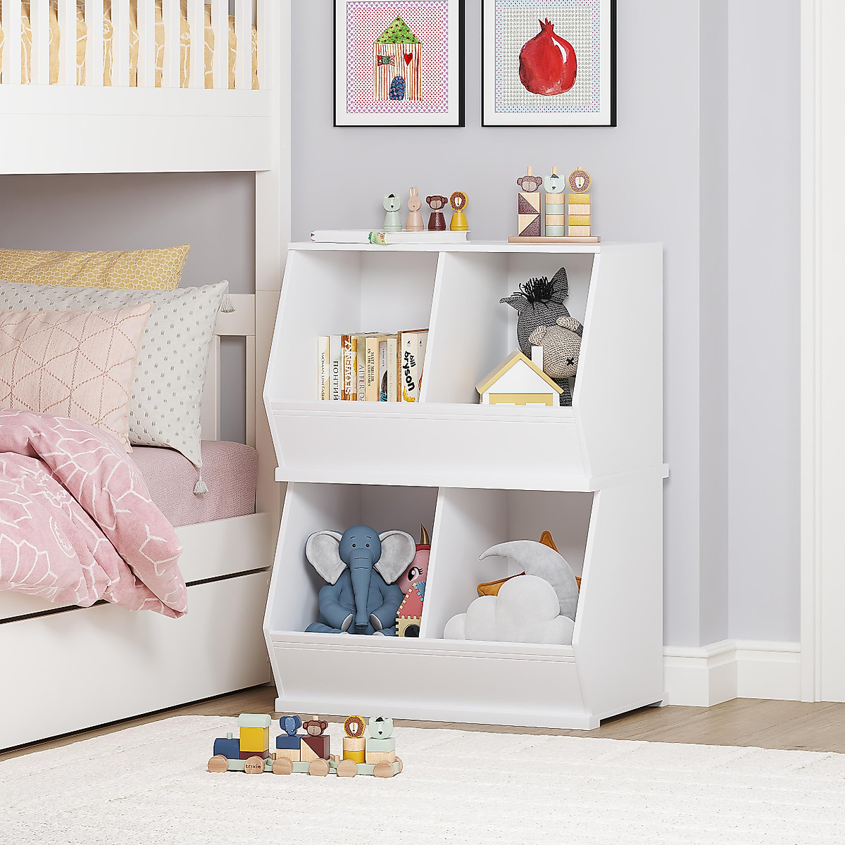 UTEX Toy Storage Organizer for Kids, Stackable Toy Storage Cabinet, Wooden Cubby Toy Organizer, White Toy Shelf for Playroom, Bedroom, Living Room, Nursery, 2 Cubes