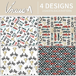 Vnaaem 8 Pc Race Car Wrapping Paper - Birthday Wrapping Paper for Kids Boys - Vintage Retro Car Gift Wrap for Christmas Birthday Baby Shower Holiday 19.6 X27.8Inch