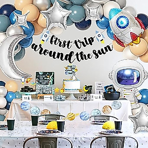 First Trip Around the Sun Birthday Decorations- 74pcs Outer Space Balloon Garland Kit with Banner Cake Topper Astronaut Foil Balloons for Boy 1st First Birthday Baby Shower Space Galaxy Party Supplies