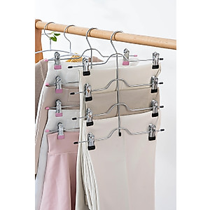 Solid Metal Skirt Hangers 4 Tier Pants Shorts Hangers Space Saving Hangers with Adjustable Clips Non Slip Grip for Slacks, Trousers, Shorts, Jeans, Towels, Pink, (2 Pieces) HL04P