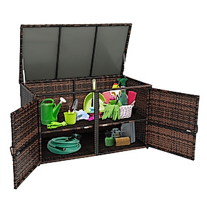 VINGLI Wicker Outdoor Deck Storage Box, 88 Gallon Storage Cabinet with Openable Door, Patio Waterproof Outdoor Rattan Storage Bin for Boooks, Garden Tools in Yard, Garden, Patio, Poolside, Brown