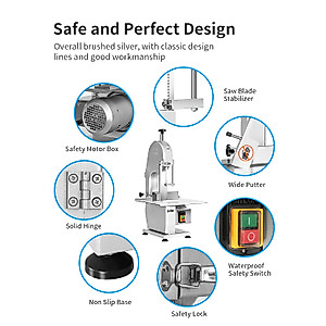 1500W Electric Bone Saw Machine, 0.8-5.9 Inch Cutting Thickness,2.6HP Frozen Meat Cutter 110V Commercial Bandsaw Machine, 20x15in Table Sawing for Chicken Fish Trotter Beef, Equipped with 6 Saw Blades