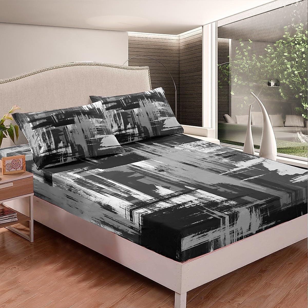 Feelyou Grey Black White Abstract Bed Sheets Set King Size Geometric Sheet Set for Kids Stripe Line Sheets with Deep Pocket Fitted Sheet Women Men Teens Ultra Soft Decor Modern Art Bedding Set