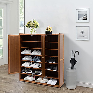 HYYKJ-US Modern Bamboo Shoe Storage Cabinet with Shutter Doors 8 Tier Freestanding Shoe Rack Shoe Floor Storage Organizer Rack for Entryway Living Room Bedroom 35.4" L×12.6" W×42.1" H