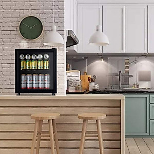 Beverage Refrigerator Cooler 60 Can Cooler Fridge Glass Door for Beer Drinks Wines Juice, 1.6 Cu. Ft Adjustable Shelves Blue LED Lights and User Friendly Temperature Knob for Home Office Dorm Bar