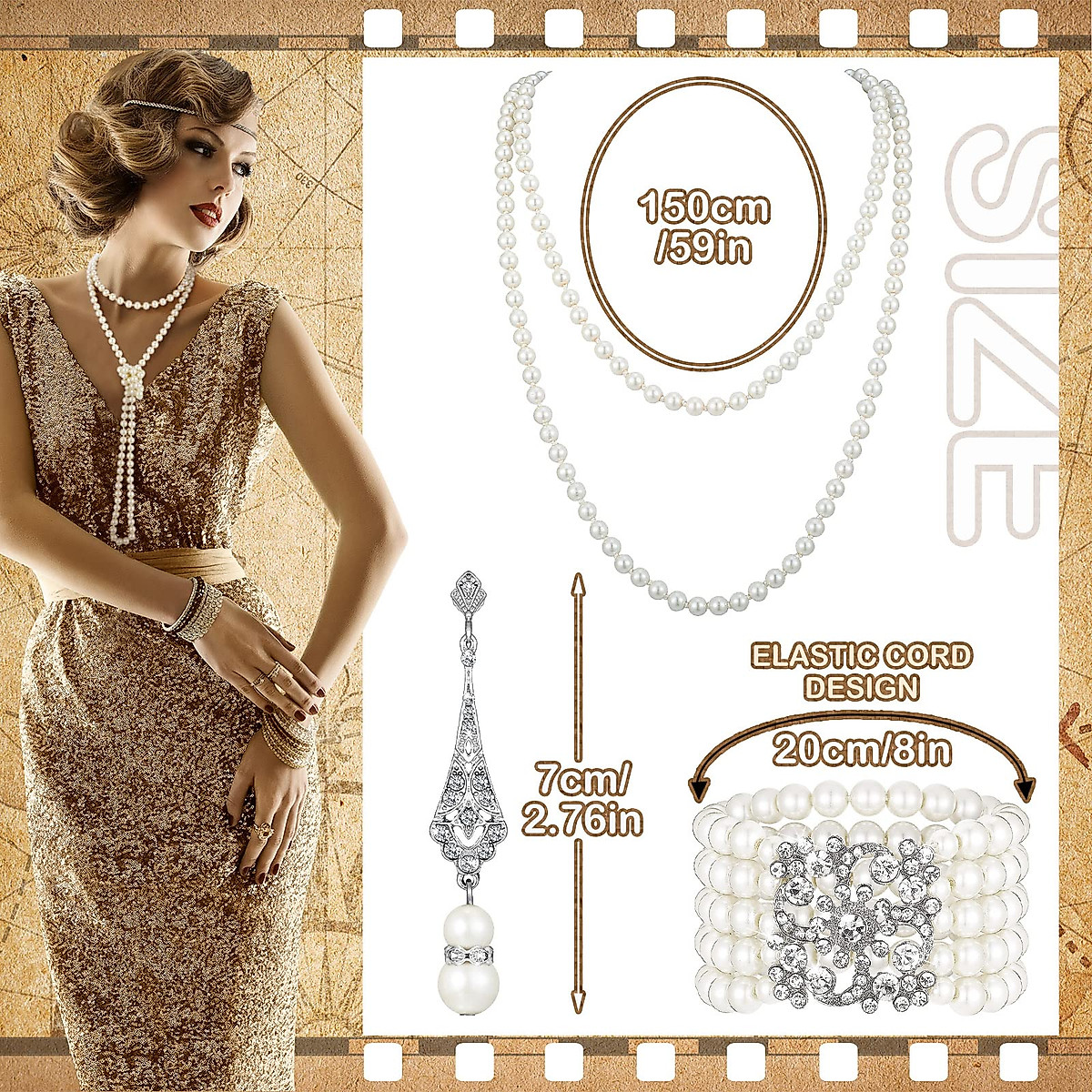 Maitys 3 Pcs 1920s Pearl Jewelry Set Includes Vintage Flapper Earrings Multilayer Imitation Pearl Necklace Bracelet for Women(Charming)