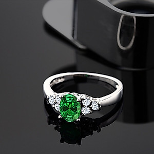 Gem Stone King 925 Sterling Silver Green Simulated Emerald and White Topaz Ring For Women (0.92 Cttw, Oval 6X4MM, Available in size 5, 6, 7, 8, 9)
