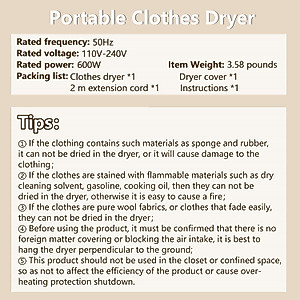 Portable Clothes Dryer, Mini Laundry Dryers Small Compact Foldable Electric Drying Machine with Dry Bag for Travel, RV, Home, Apartment