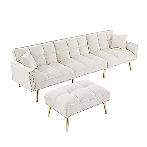 Ucloveria Sectional Sofa Couch, Convertible L-Shaped Sofa Bed with Adjustable Backrest & Movable Ottoman & 2 Toss Pillows, 3 in 1 Multi-Function Sleeper Sofa for Living Room Bedroom, Cream White
