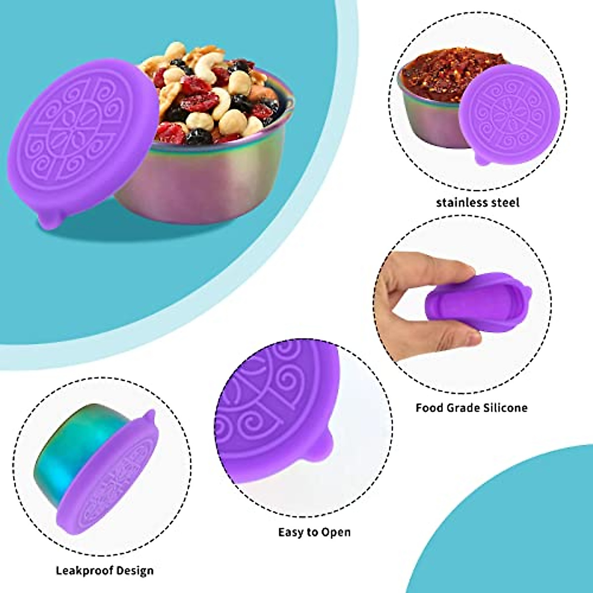 Salad Dressing Container to Go, 6x1.6 oz Reusable Small Containers with Lids, Rainbow Sauce Containers for Lunch Box, 18/8 Stainless Steel Condiment Cup, Easy Open, Leakproof Dipping Sauce Cups