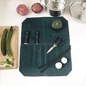 Denifiter Heavy Duty Waxed Canvas Chef Knife Storage Roll Bag With 7 Slots, Waterproof And Durable (Dark Green)