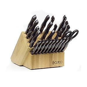 CUTCO Model 6014 Santoku Signature Set with Steak Knives............23 High Carbon Stainless knives & forks (including 10 #2159 Steak Knives) with Classic Dark Brown handles (often called "Black") in factory-sealed plastic bags...........#1652 Honey Oak k