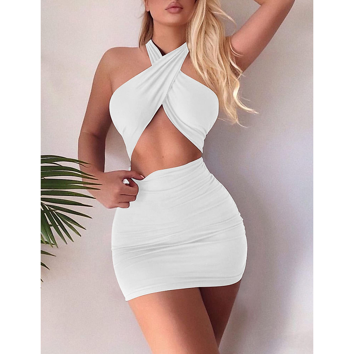 Women's Sexy Ruched Bodycon Halter Criss Cross Cut Out Backless Mini Club Party Dresses, Medium, White