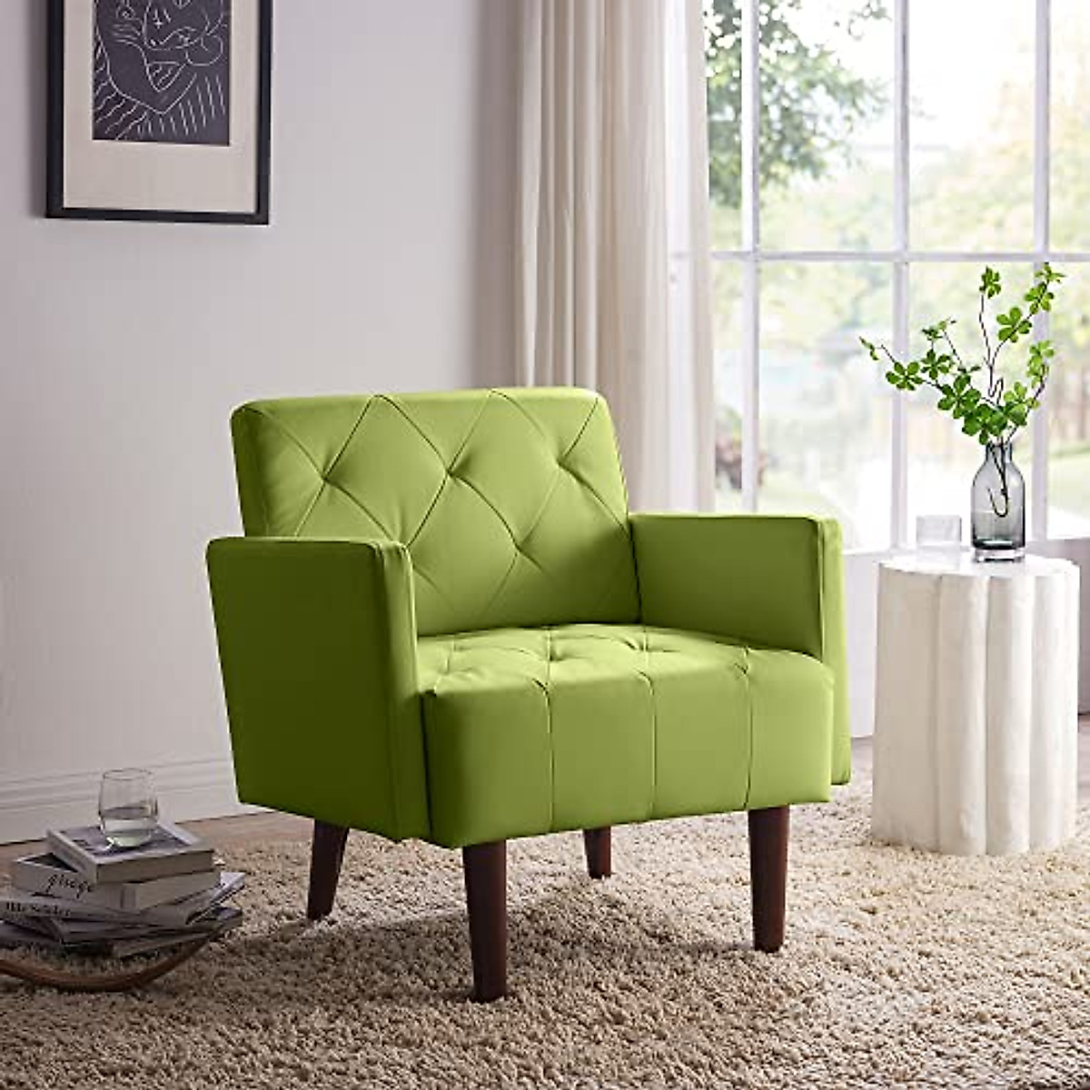 PEIHONGET Faux Leather Accent Chair, Modern Retro Arm Chair for Living Room and Bedroom Tufted Upholstered Sofa Club Chair Comfy Armchair for Small Spaces Bedroom Office (Olive)