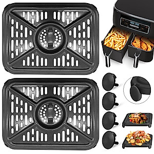2 Pieces Air Fryer Grill Pan for Ninja Foodi DZ550 DualZone Air Fryers, Replacement Air Fryer Crisper Plate Grill Plate Tray Accessories with Rubber Bumpers, Dishwasher Safe