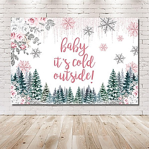 MEHOFOND 7x5ft Winter Baby Shower Backdrop for Girls Baby It's Cold Outside Pink Floral Photography Background Little Snowflake Pine Tree Oh Baby Party Banner Decorations Photo Booth Props