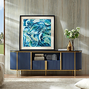 OKD Luxury 70" Fluted TV Stand, Modern Entertainment Center for TVs Up to 80 inches, TV Console with Faux Marble Top, Curved Profile Design, Media Console for Living Room, Blue