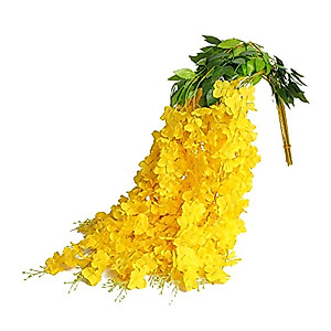 Romase 24 Pack 45 inch Artificial Yellow Wisteria Vine Ratta Fake Bushy Flower String Silk Garland Long Hanging for Wedding Party Home Garden Outdoor Greenery Office Wall Decoration