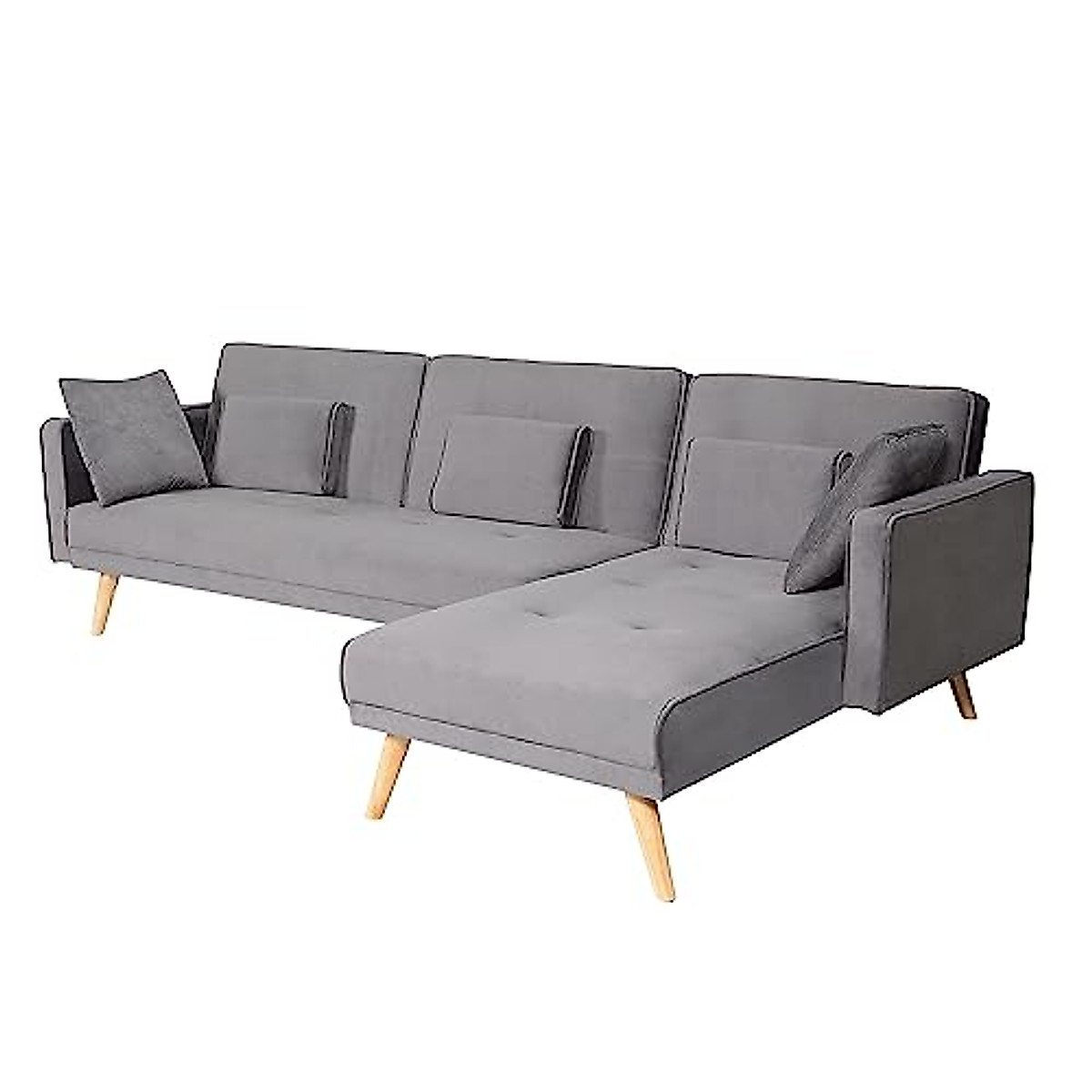 Penifun L Shaped Couch Sectional Sofa 3 seat Set for Living Room, 104.5" W 3 Seater Right Chaise Lounge, Convertible Folding Futon Bed Sleeper with 3 Pillows & 3 Backrest Settings-120°/150°/180°, Gray