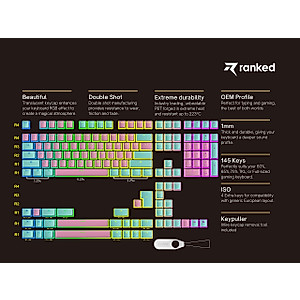 Ranked Pudding v2 PBT Keycaps | 145 Double Shot Translucent ANSI US & ISO Layout | OEM Profile for Full Size, TKL, 75%, 65% and 60% RGB Mechanical Gaming Keyboard (Miami Vice)