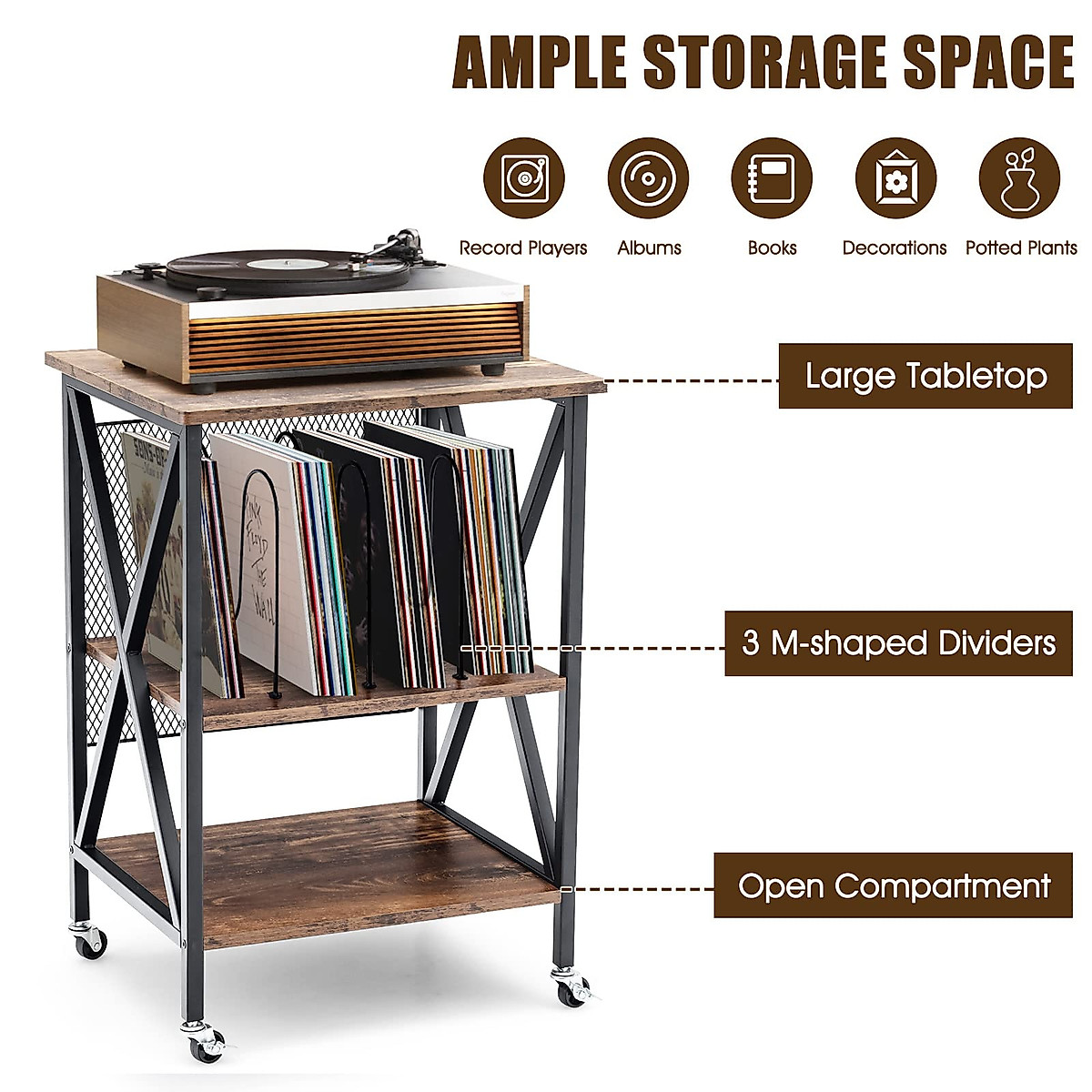 GOFLAME Record Player Stand, 3-Tier Rolling Vinyl Record Storage Holder Stand with 3 Dividers, Turntable Stand with Universal Wheels and Lockable Casters for Living Room, Bedroom, Office, Brown