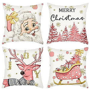 wyooxoo Christmas Pillow Covers 16x16 Inch Set of 4 Christmas Tree Reindeer Pink Decorations Throw Pillow Covers Winter Holiday Decor Linen Pillowcase for Sofa Couch Home Decor (16" x 16", Pink)