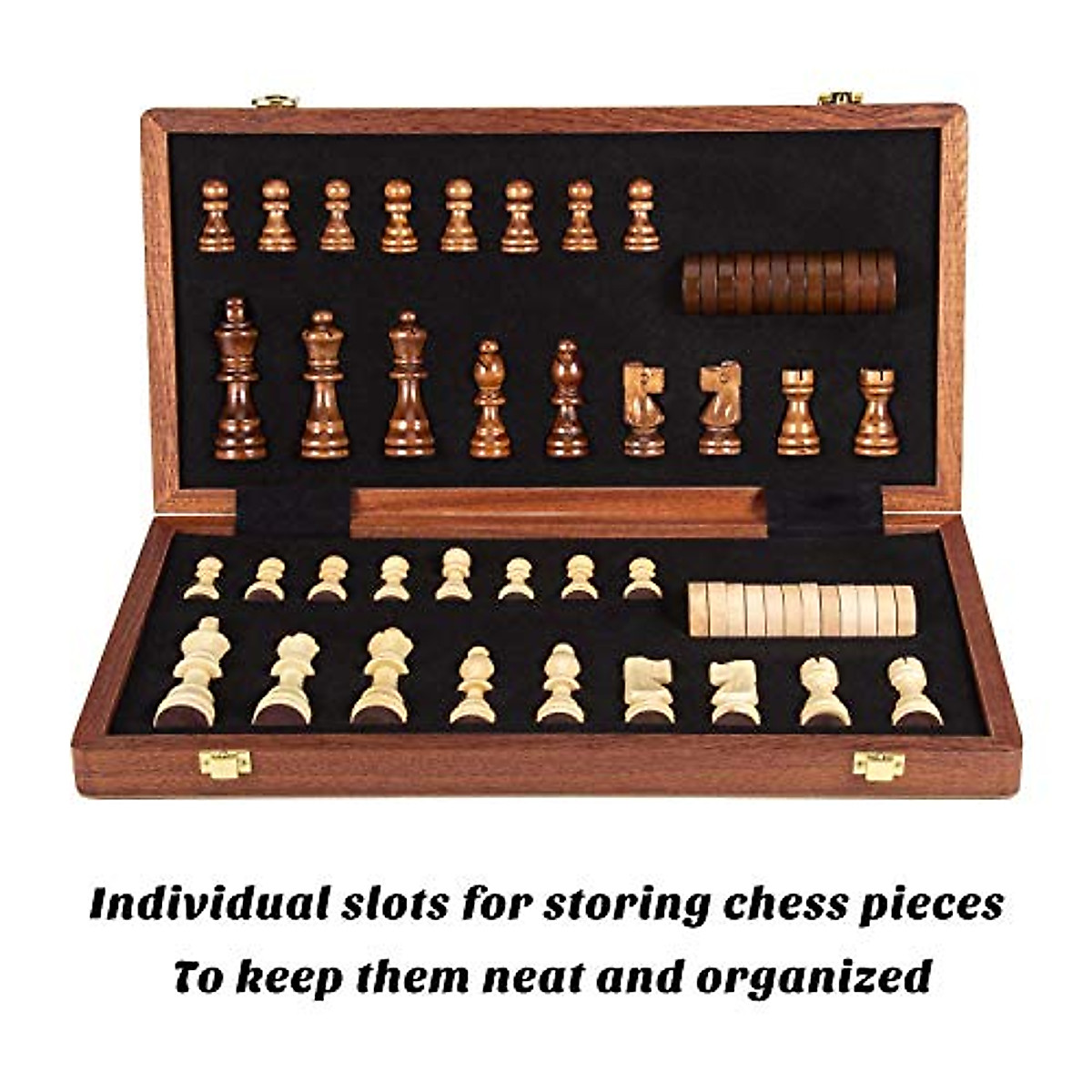 AMEROUS 15 Inches Magnetic Wooden Chess & Checkers Set (2 in 1) - Folding Board -Gift Box Packed -24 Cherkers Pieces -2 Extra Queens - Chessmen Storage Slots, Beginner Chess Set for Kids and Adults