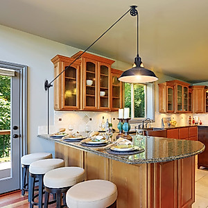 Lomoky Plug in Pendant Light, Hanging Lamp with Black Barn Pendant Lighting with 14.76ft Cord On/Off Switch, Adjustable Pulley Hanging Pendant Lighting for Kitchen Bedroom Restaurant 2 Pack