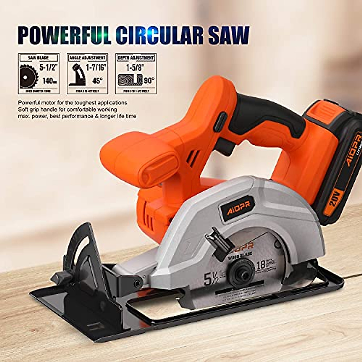 AIOPR 20V 5-1/2" Cordless Circular Saw with Rip Guide and 2 Blades (97623)