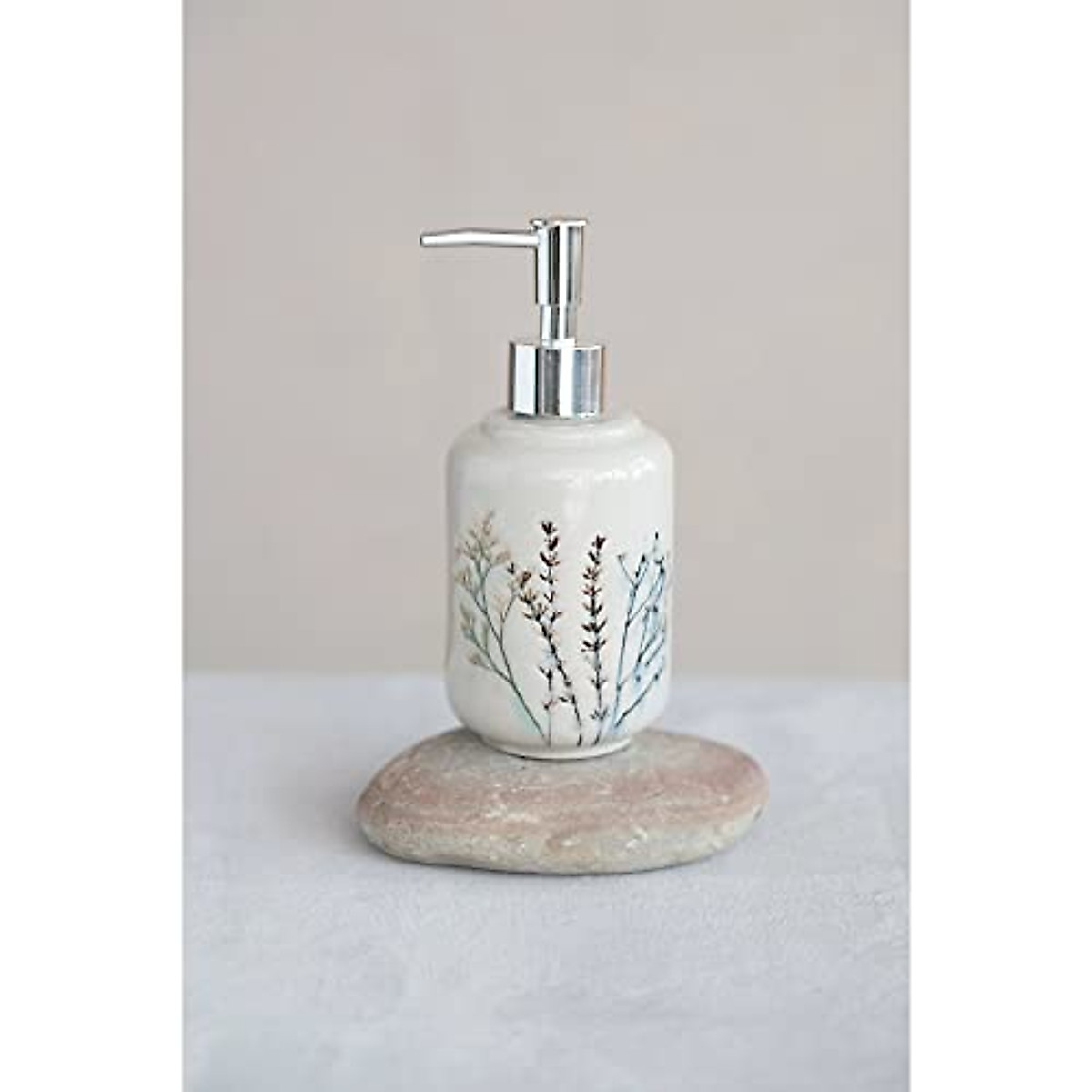 Creative Co-Op Debossed Stoneware Floral Soap Dispenser, Reactive Crackle Glaze