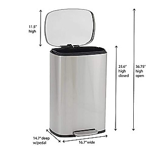 Design Trend Rectangular Stainless Steel Step Trash Can with Soft Close Lid | 50 Liter / 13 Gallon, Silver