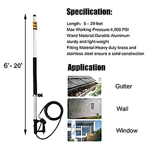 EDOU Direct Telescoping Pressure Washer Wand 20' | Heavy Duty | 4,000 PSI Max Working Pressure | Includes: 1/4" Quick Connection, 5 Spray Nozzle Tips, 2 Pivoting Couplers, 2 Adapters, Support Harness