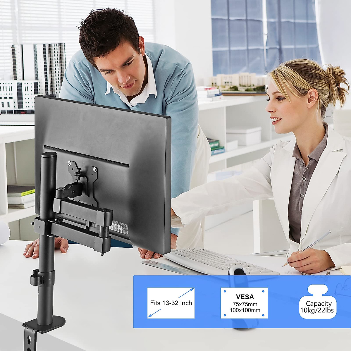 Bracwiser Monitor Mount Single Fully Adjustable Arm Fits One Screen 13-32 inch 22lbs for Monitor Computer Screen 13 15 17 19 20 22 23 24 26 27 30 32 inch VESA 75 100 (MD7421)