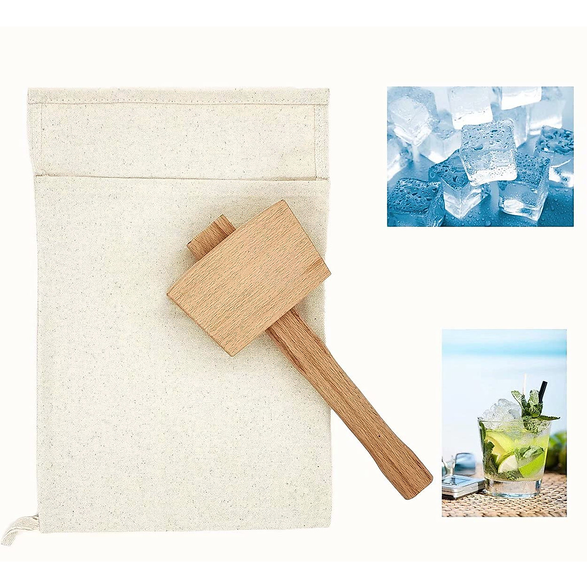 Ice Mallet with 2 Lewis Bag Kit,Manual Ice Crusher Wooden Hammer Canvas Crushing Bag Crushed Ice Bar Cocktails Bartender & Kitchen Tools Kit