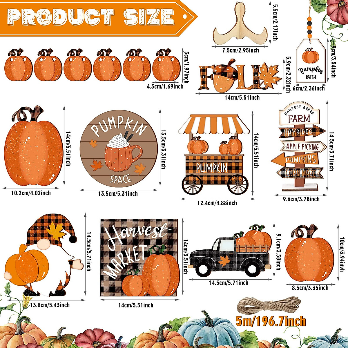 16 Pcs Fall Tiered Tray Decor Set Thanksgiving Pumpkin Wooden Sign Gnomes Truck Farmhouse Rustic Tray Decoration for Fall Thanksgiving Home Table Kitchen, Trays Are Not Included