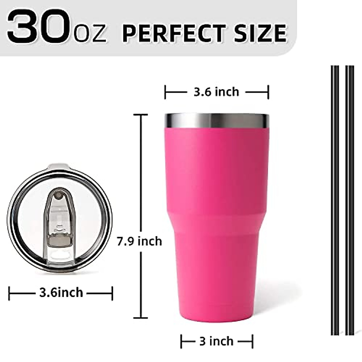 Zibtes 30oz Insulated Tumbler With Lid and Straws, Stainless Steel Double Vacuum Coffee Tumbler Cup, Powder Coated Travel Mug for Home, Office, Travel, Party (Hot Pink 1 pack)