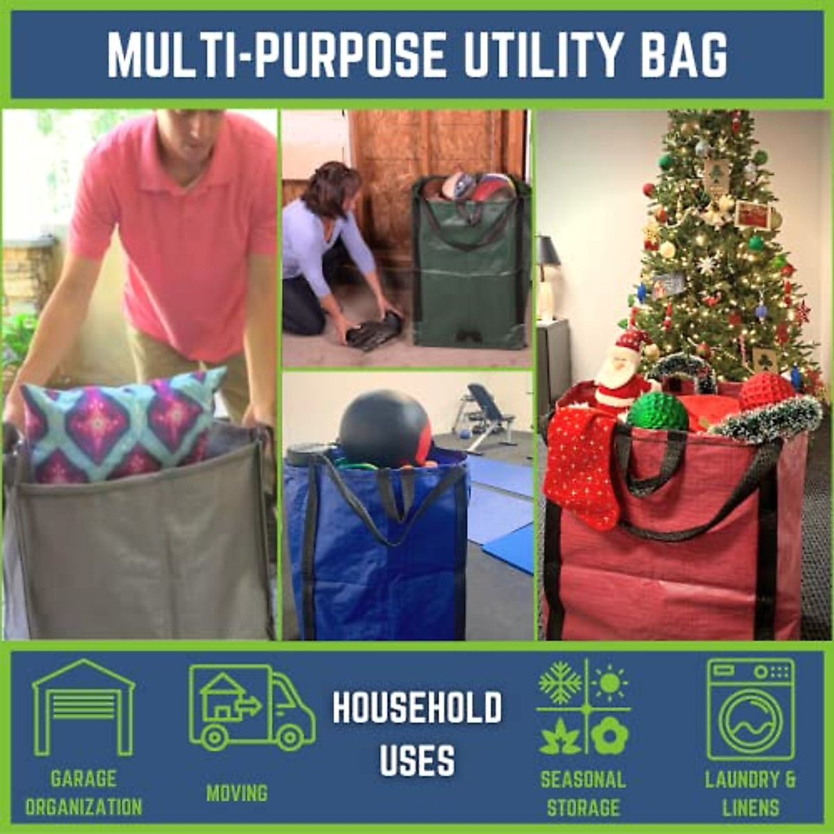 DURASACK Heavy Duty Home and Yard Waste Bag 48-Gallon Woven Polypropylene, Reusable Lawn and Leaf Garden Bag with Reinforced Carry Handles, Pop-Up Self-Standing Garbage Can, Gray